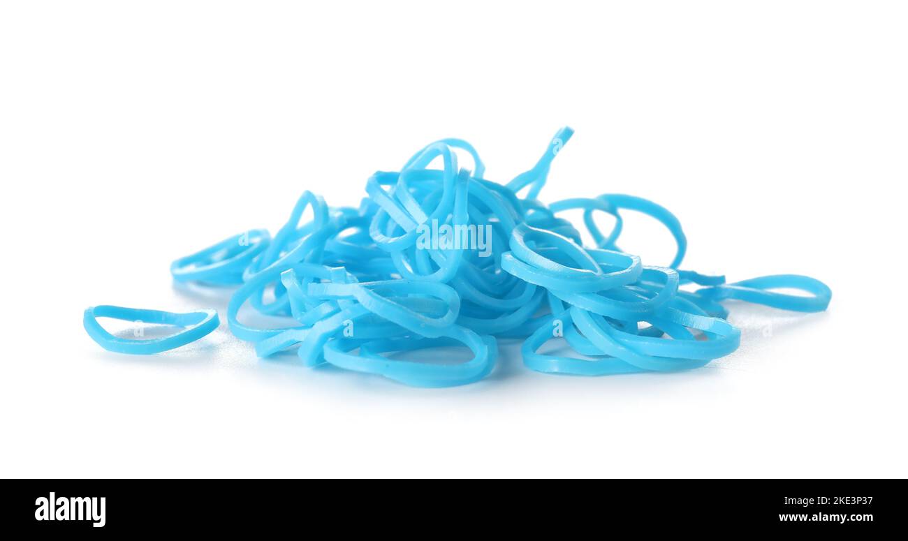 Heap of blue office rubber bands isolated on white background Stock ...