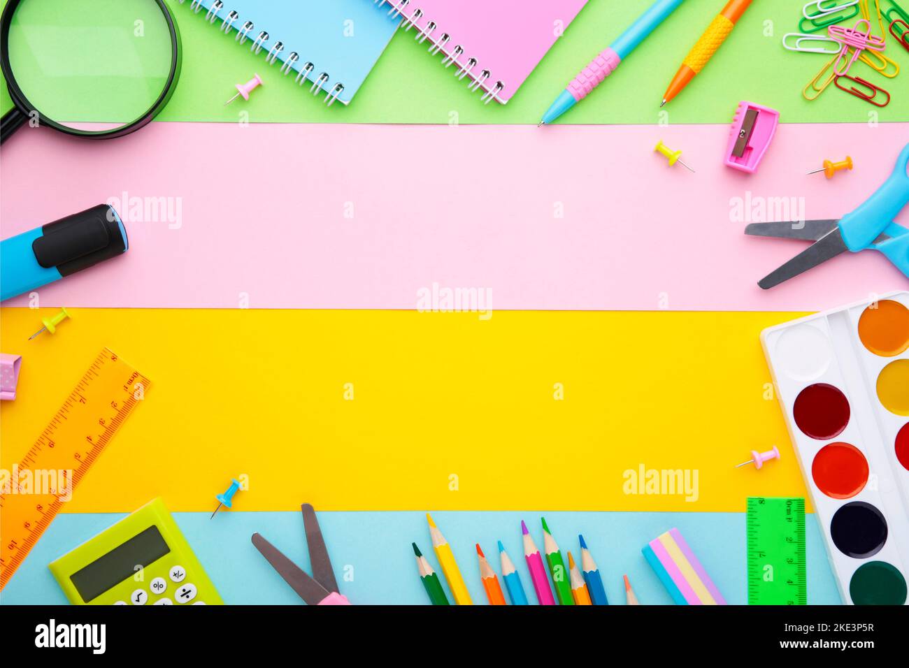 School supplies on colorful background. Education Stock Photo - Alamy