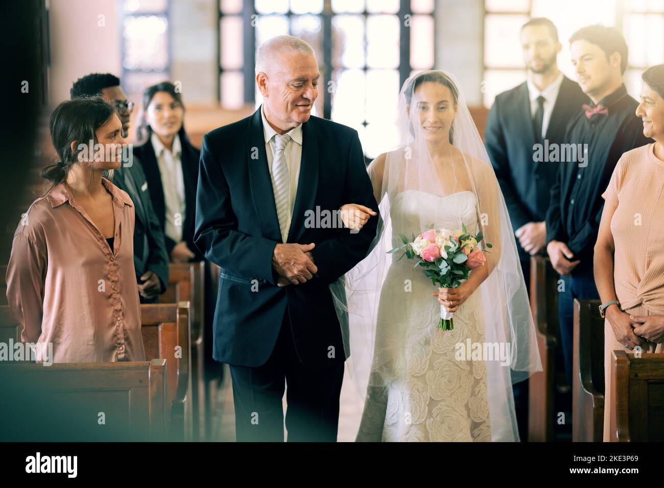Love, wedding and church bride with father walking in aisle for ...