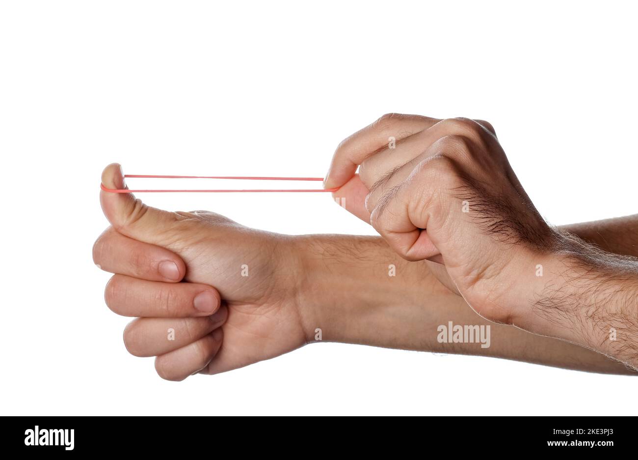 Man with red rubber band on white background Stock Photo - Alamy