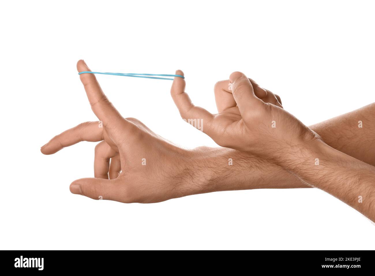 Man with blue rubber band on white background Stock Photo - Alamy