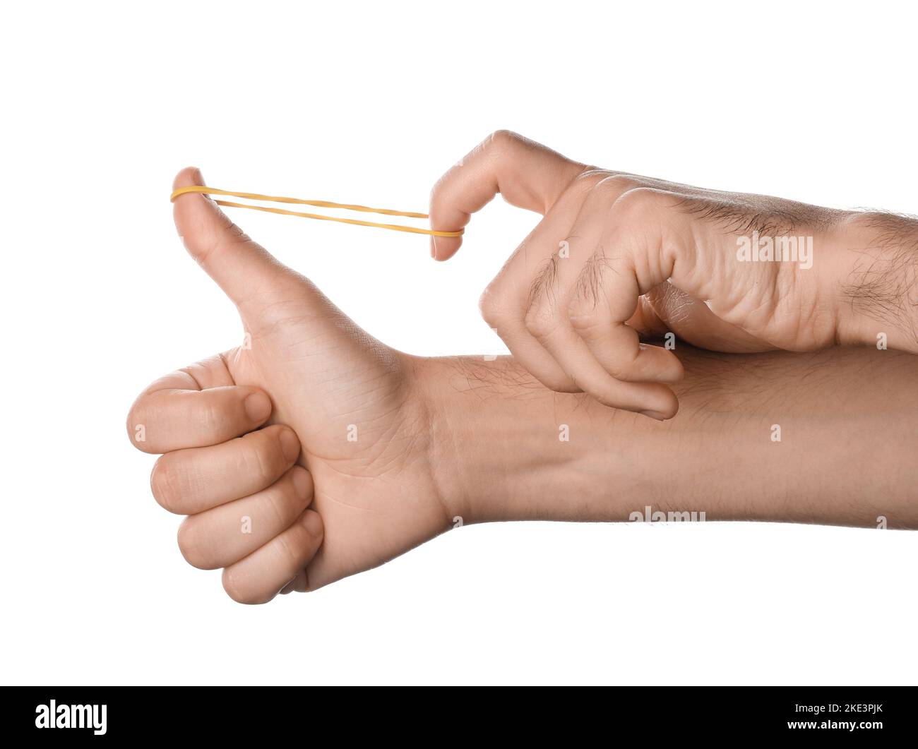 Man with yellow rubber band on white background Stock Photo - Alamy