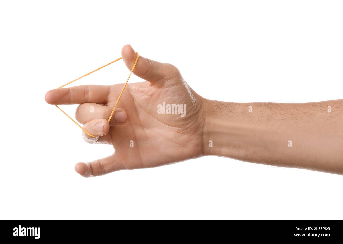 Man with yellow rubber band on white background Stock Photo - Alamy