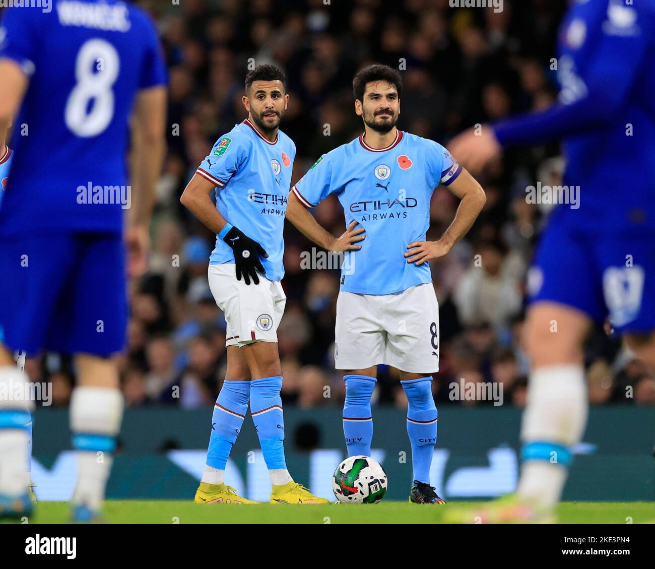 Manchester, UK. 09th Nov, 2022. Riyad Mahrez #26 and Ilkay Gundogan #8 ...