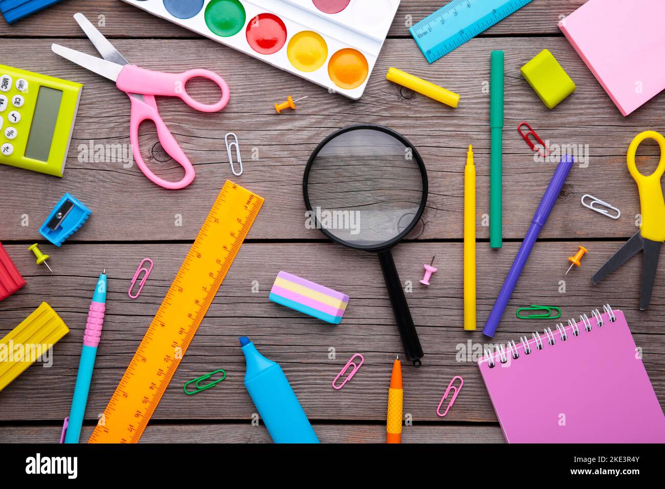 Back to school concept on grey background. Education Stock Photo - Alamy
