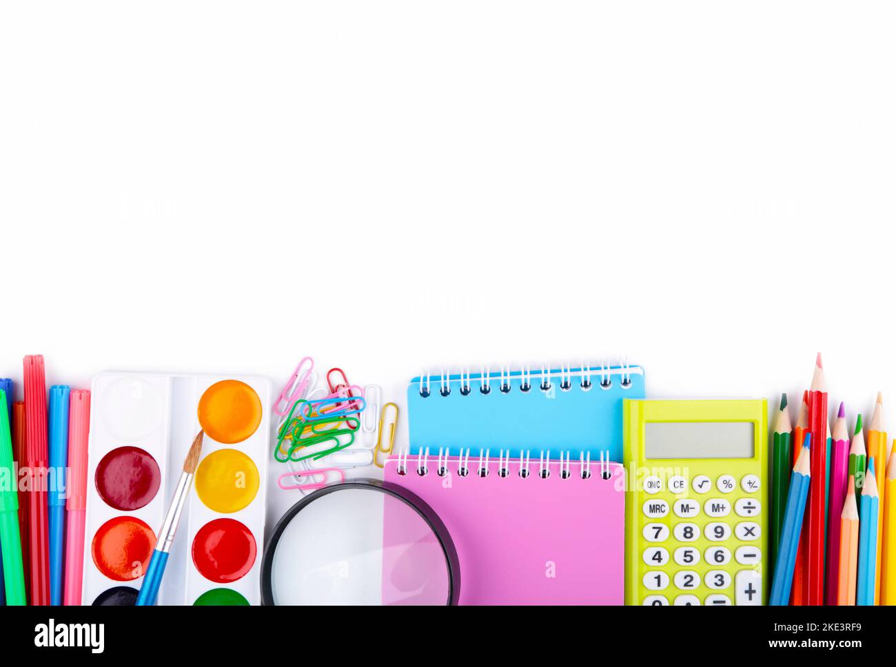 Colorful school supplies isolated on white, top view Stock Photo - Alamy