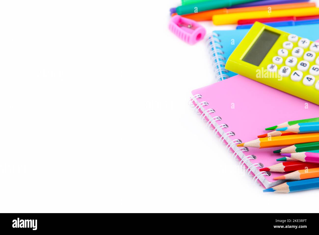 Colorful school supplies isolated on white, top view Stock Photo - Alamy