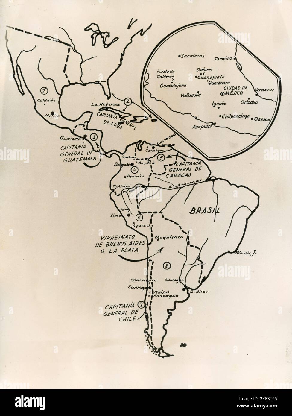 Central and South American map at the beginning of 1800, 1920s Stock ...