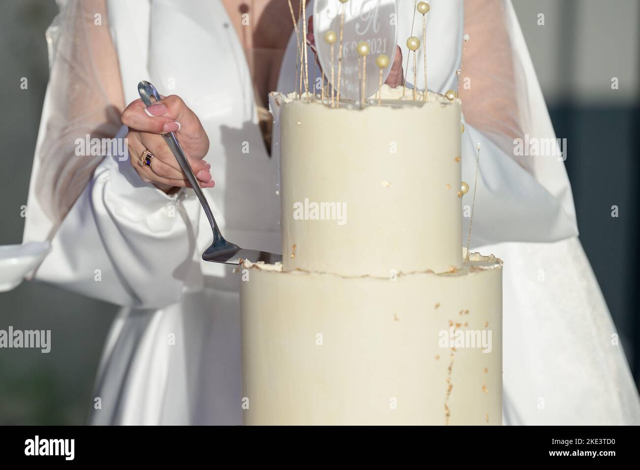 A waiter brings out a cake for the bride and groom, white wedding cake ...