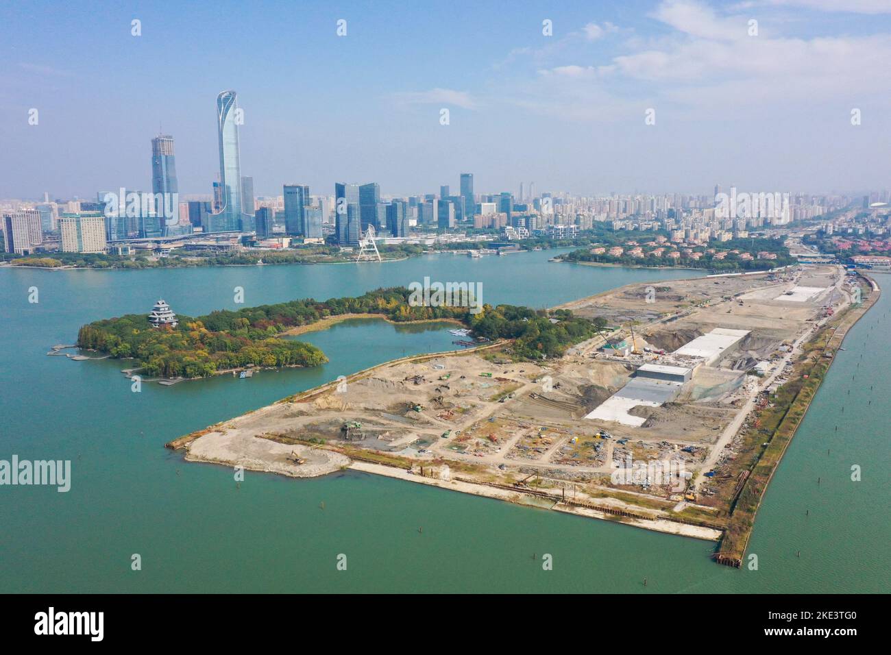 Aerial photos show Jinji Lake Tunnel under the construction in Suzhou ...
