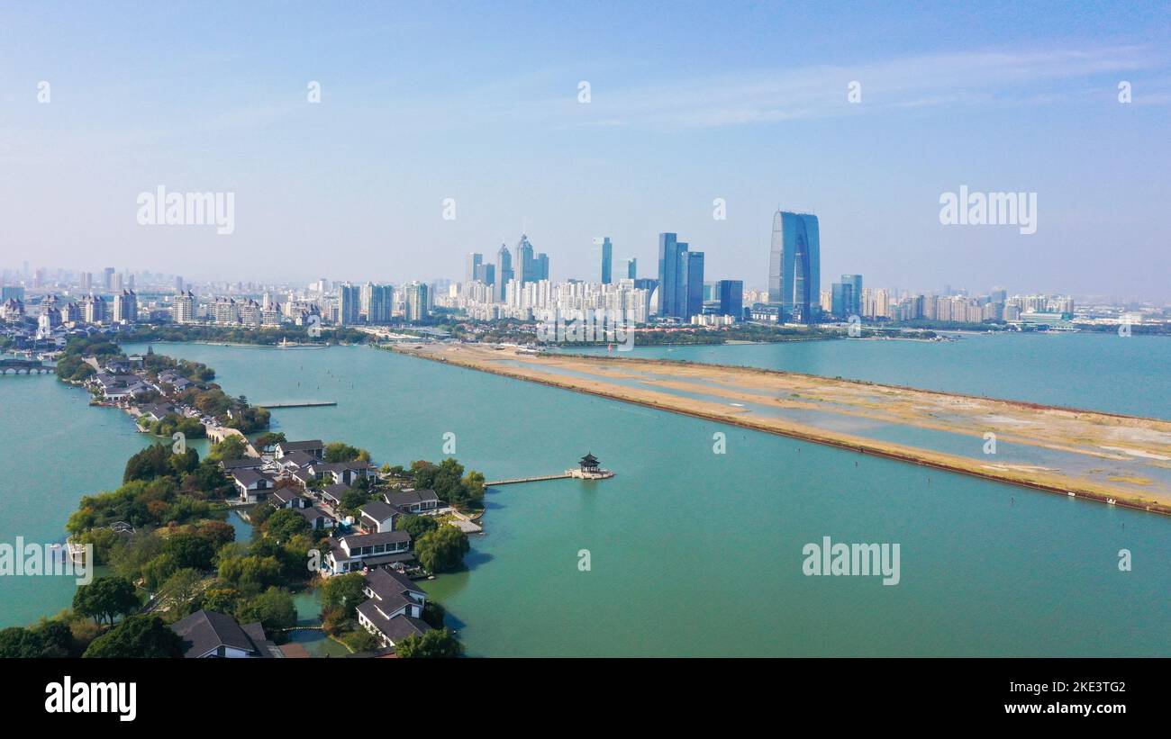 Aerial photos show Jinji Lake Tunnel under the construction in Suzhou ...