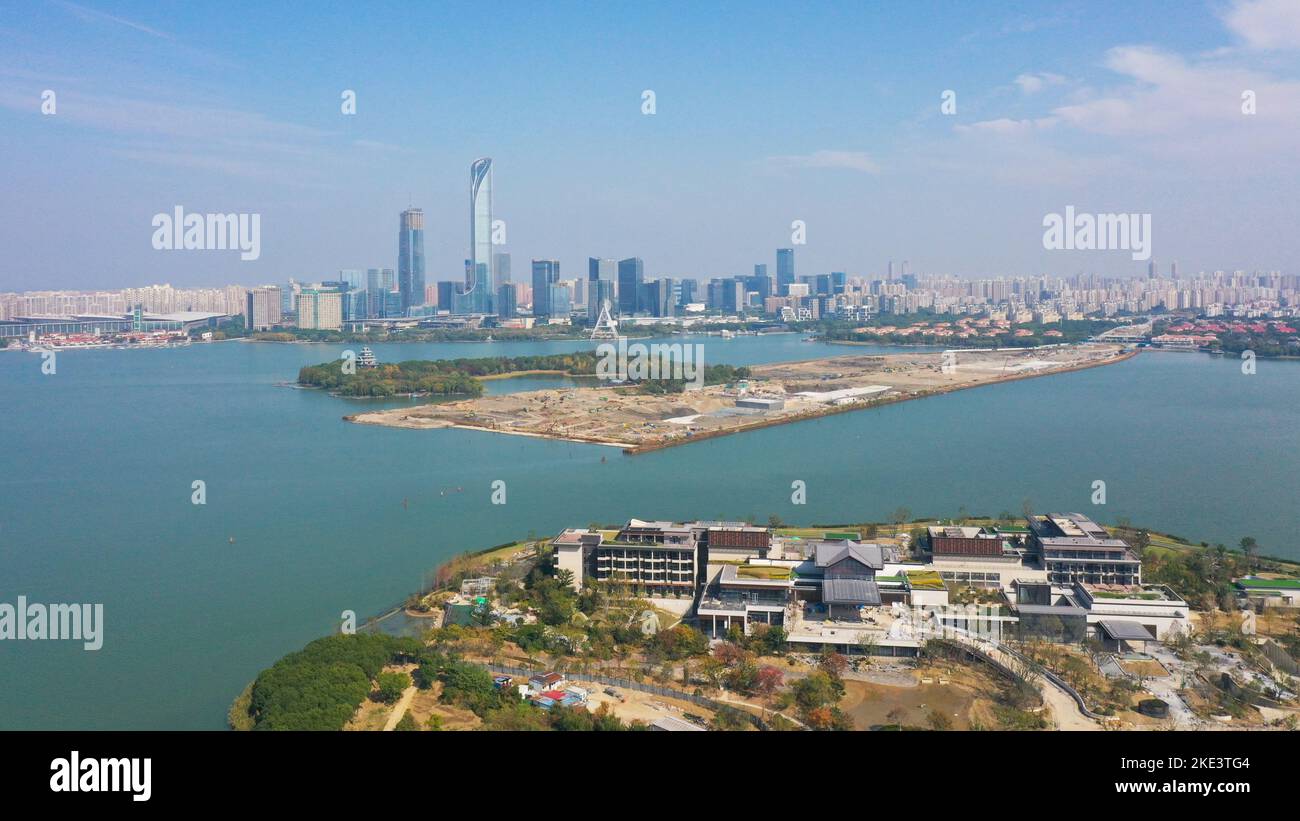 Aerial photos show Jinji Lake Tunnel under the construction in Suzhou ...