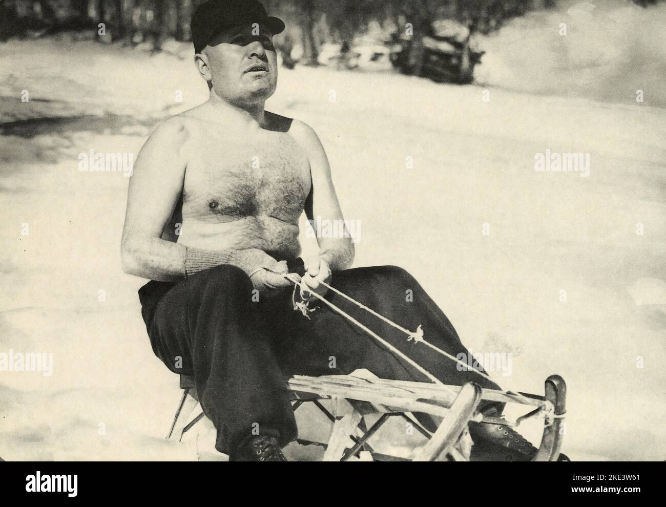 Italian dictator Benito Mussolini with the slide on the snow, Mount ...