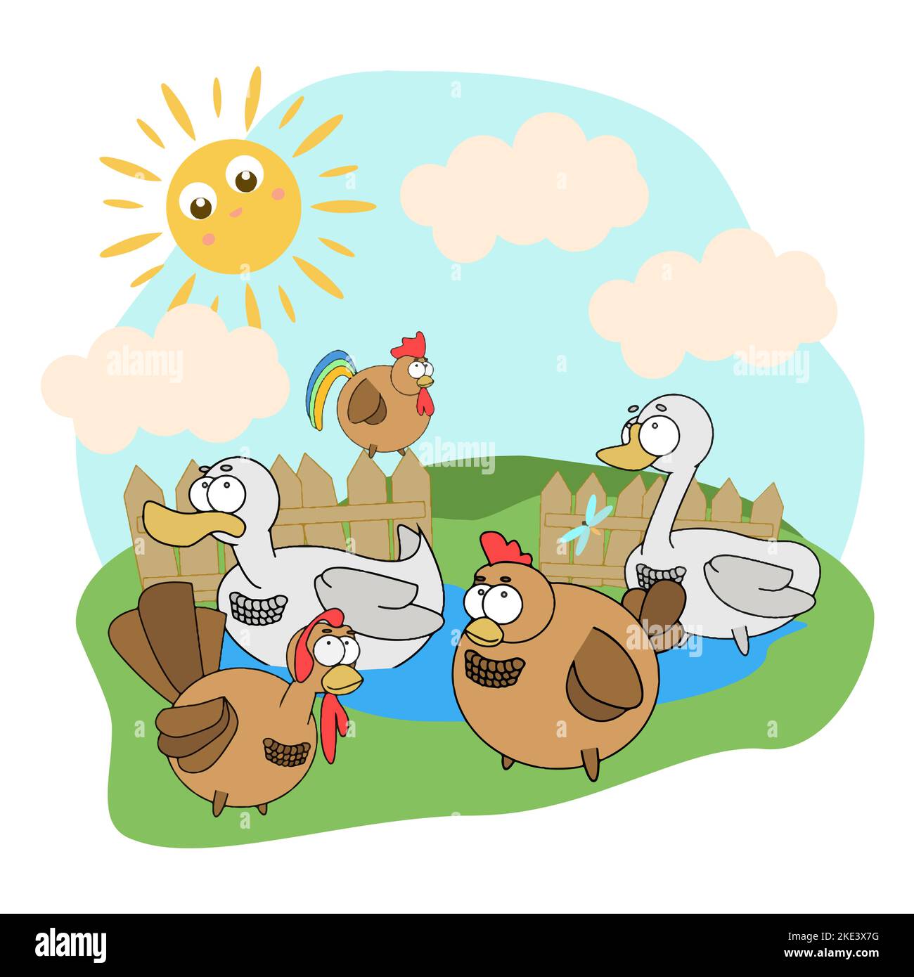 sunny morning in the village in illustration cartoon style Stock Vector ...