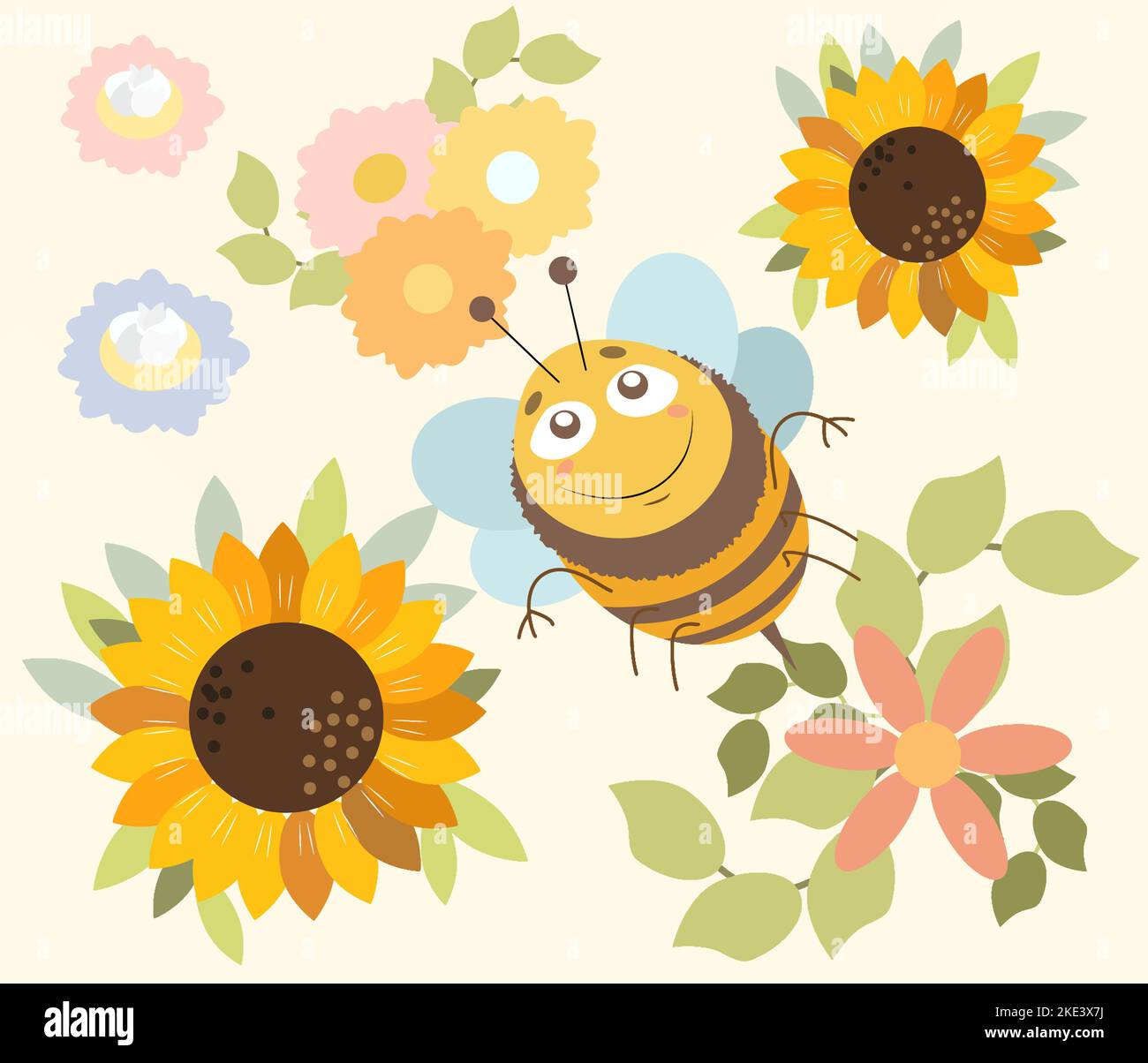 Cute Bee Having Fun Between Flowers And Sunflowers Stock Vector Image
