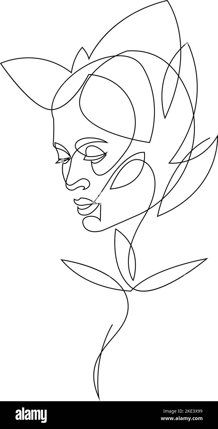 Floral girl on white background. One line drawing style vector ...