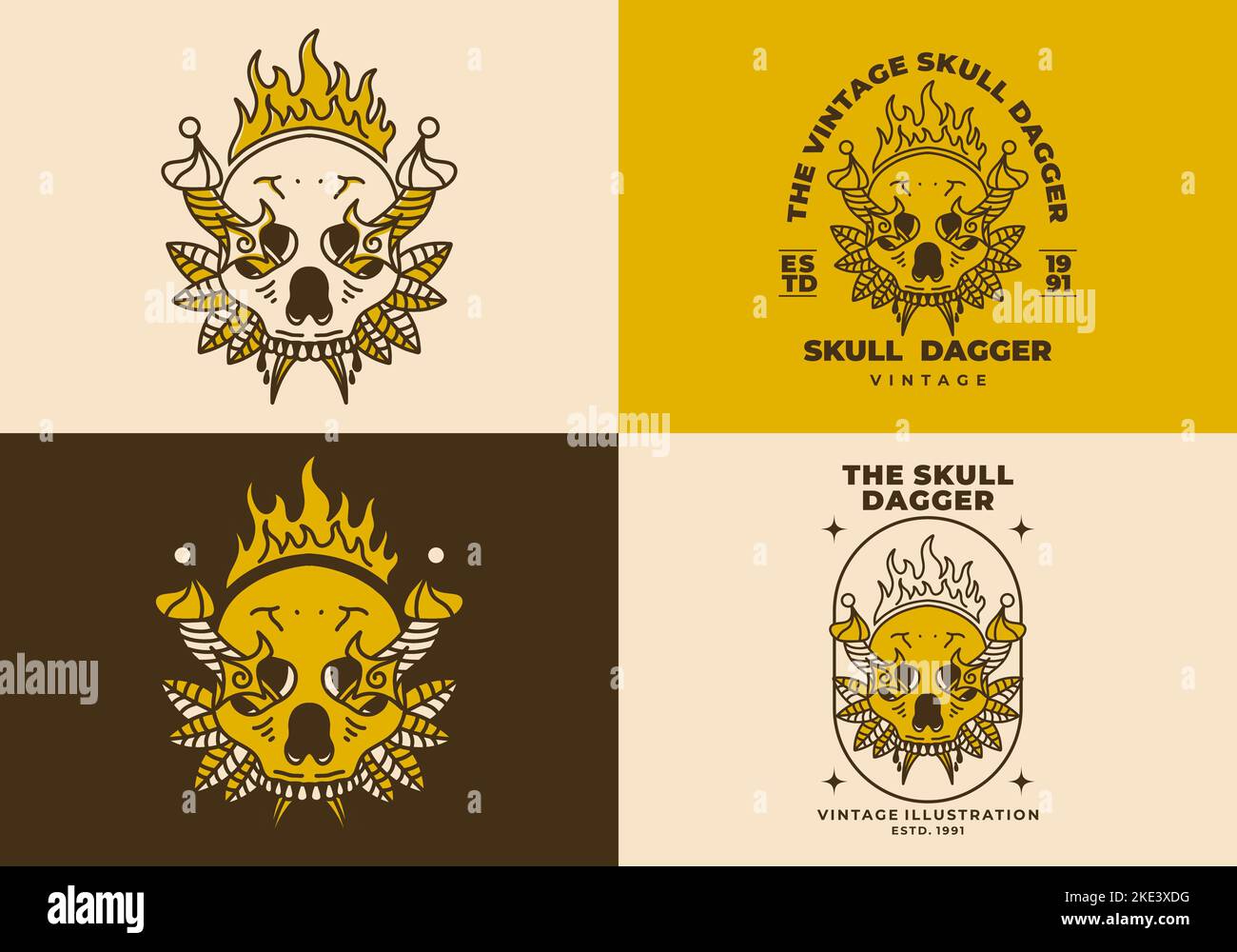 Vintage art illustration design of a dagger stuck in skull Stock Vector ...