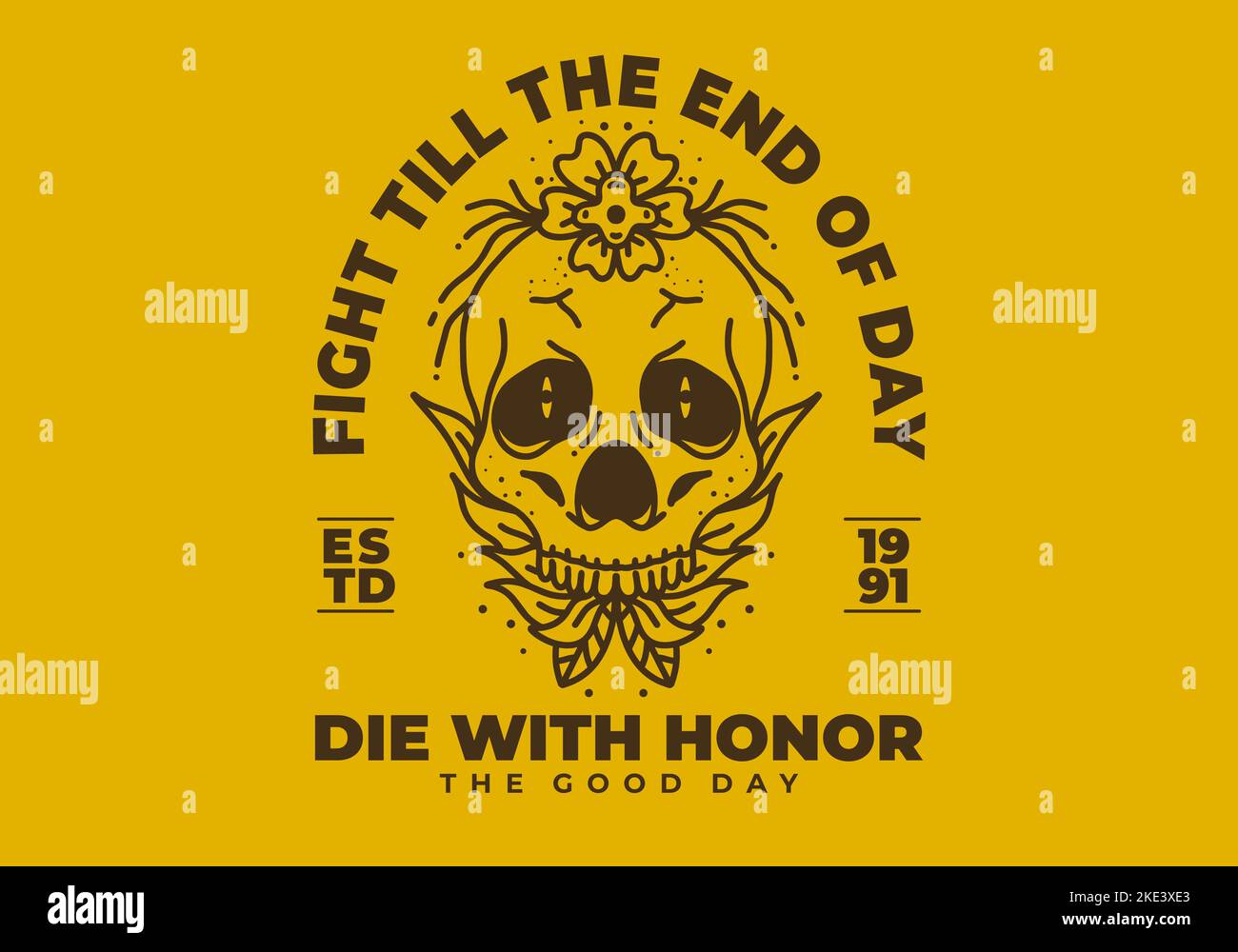 Vintage art illustration design of a skull with flower plant around it ...