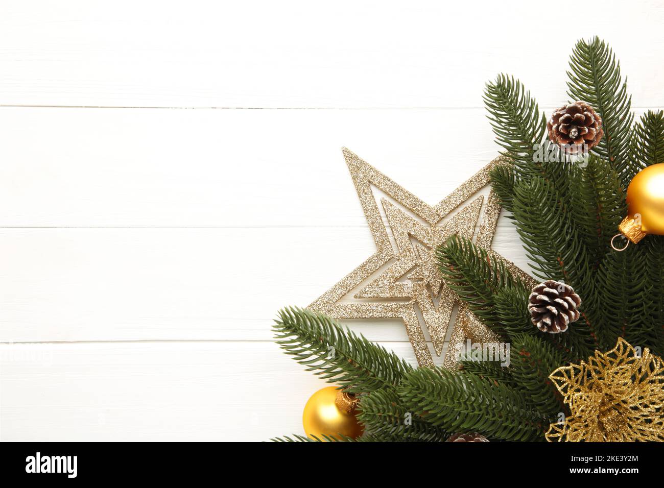 Christmas decoration. Fir-tree branch with gold star, christmas flower ...