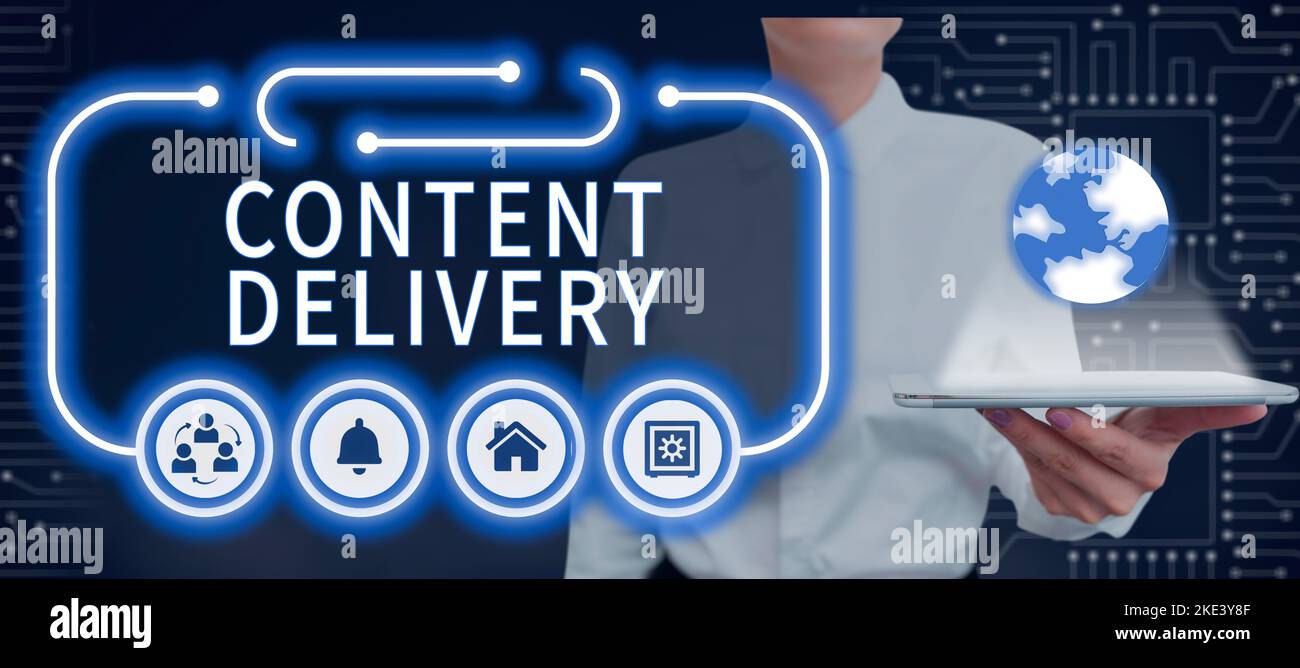 Hand writing sign Content Delivery. Business showcase geographically distributed network of ...