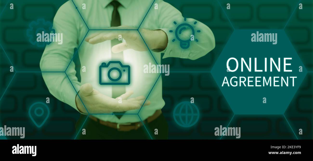 Sign displaying Online Agreement. Business overview contracts that are ...