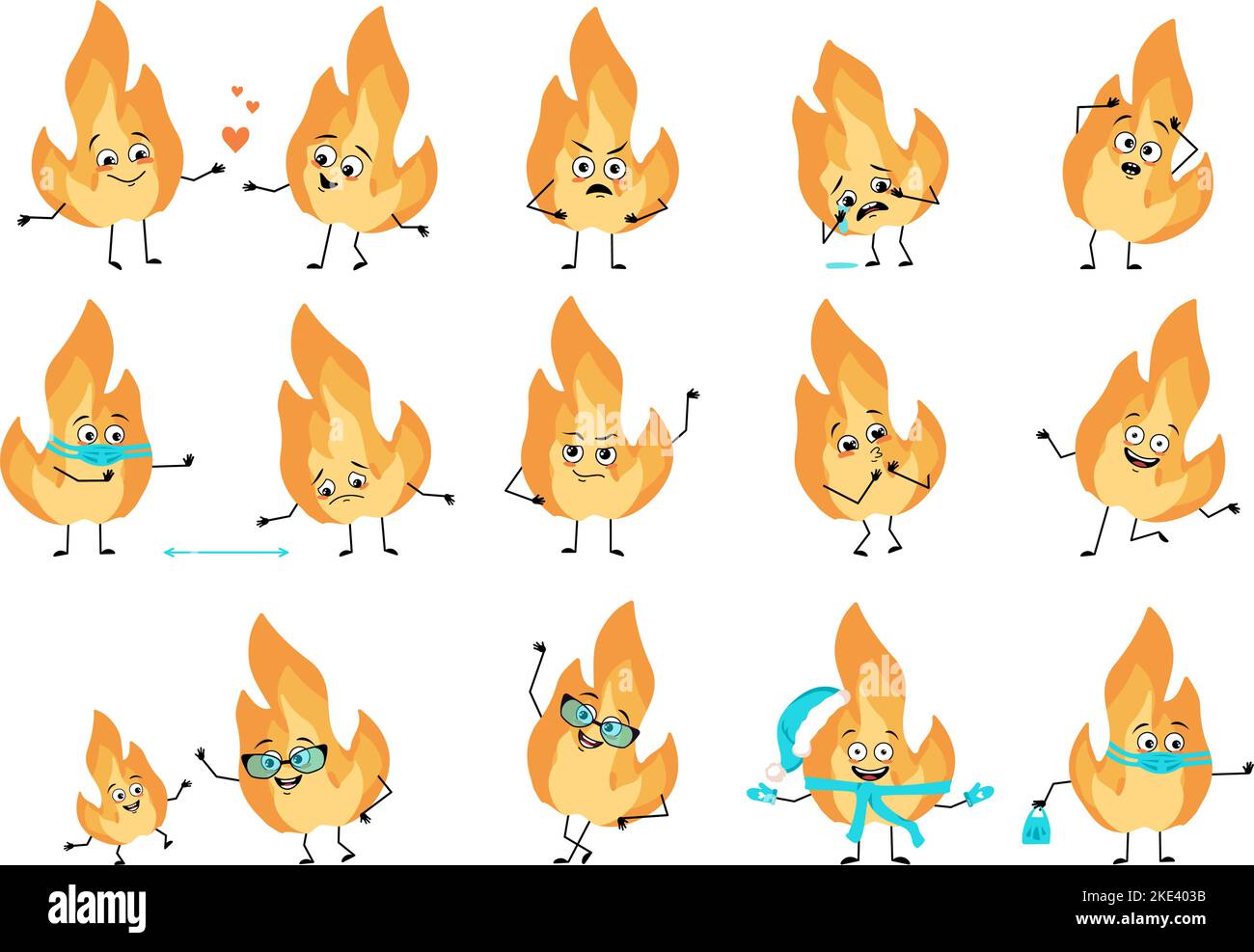 Set of cute flame character with happy or sad emotions, panic, loving ...