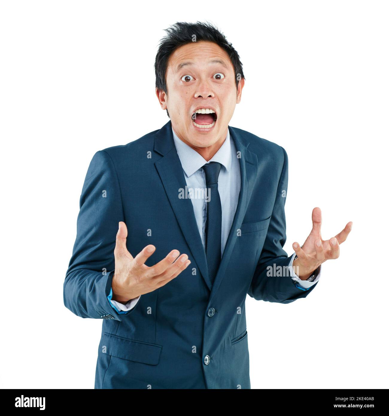 What have you done now. Studio portrait of a handsome young businessman ...