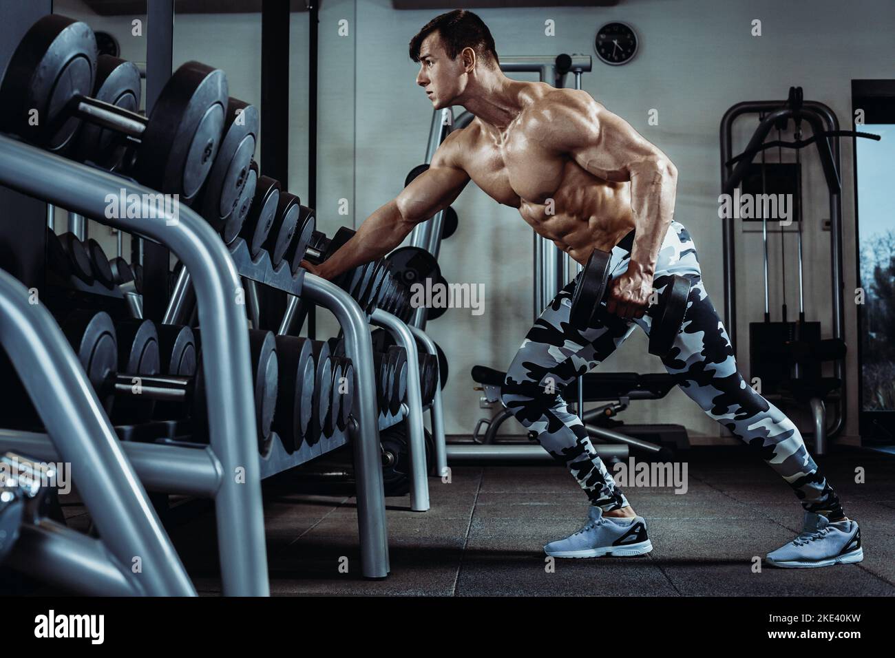 Strong muscular bodybuilder doing exercise in the gym. Part of fitness ...