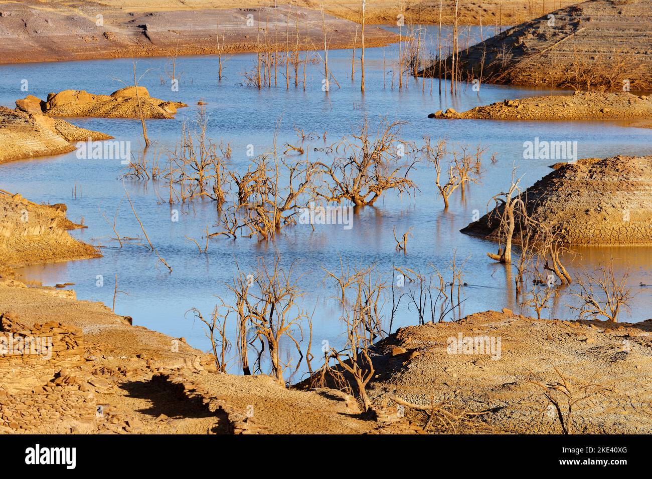 Low levels of water reservoir. Dry climate. Shortage of water. Dead ...