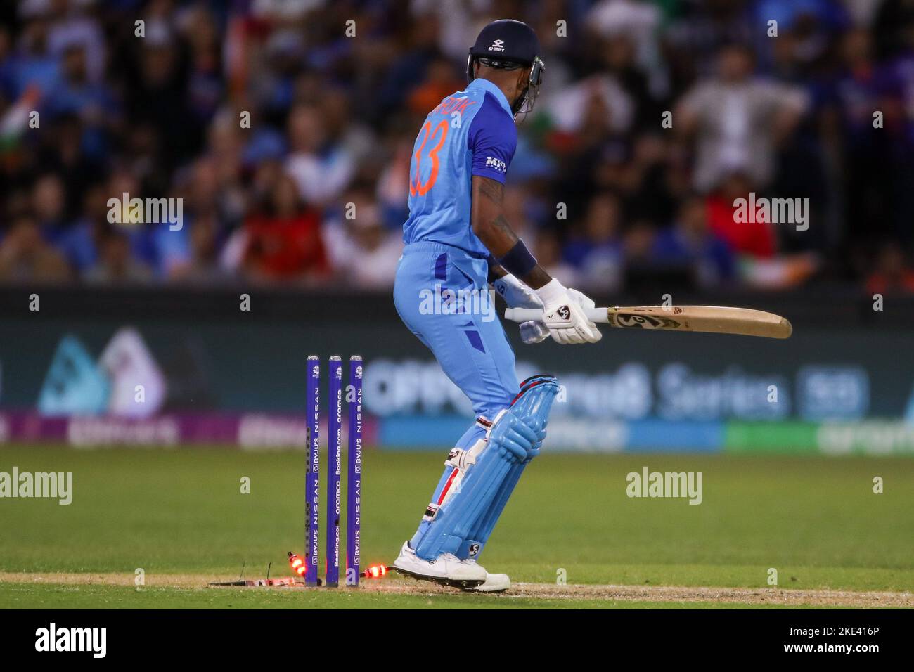 India's Hardik Pandya steps on his wicket during the T20 World Cup semi ...