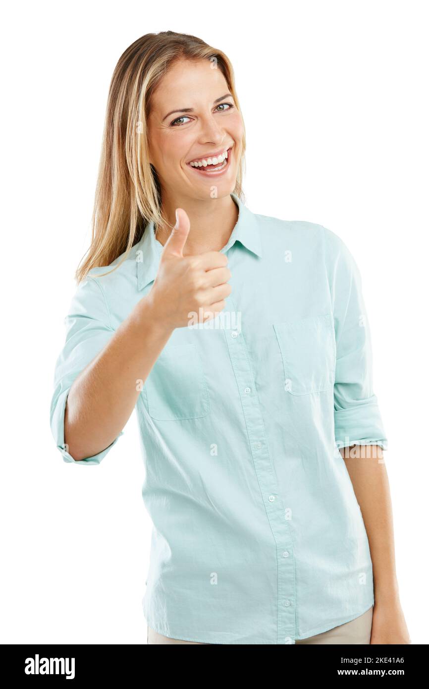 Count me in. a happy woman showing a thumbs up against a white ...