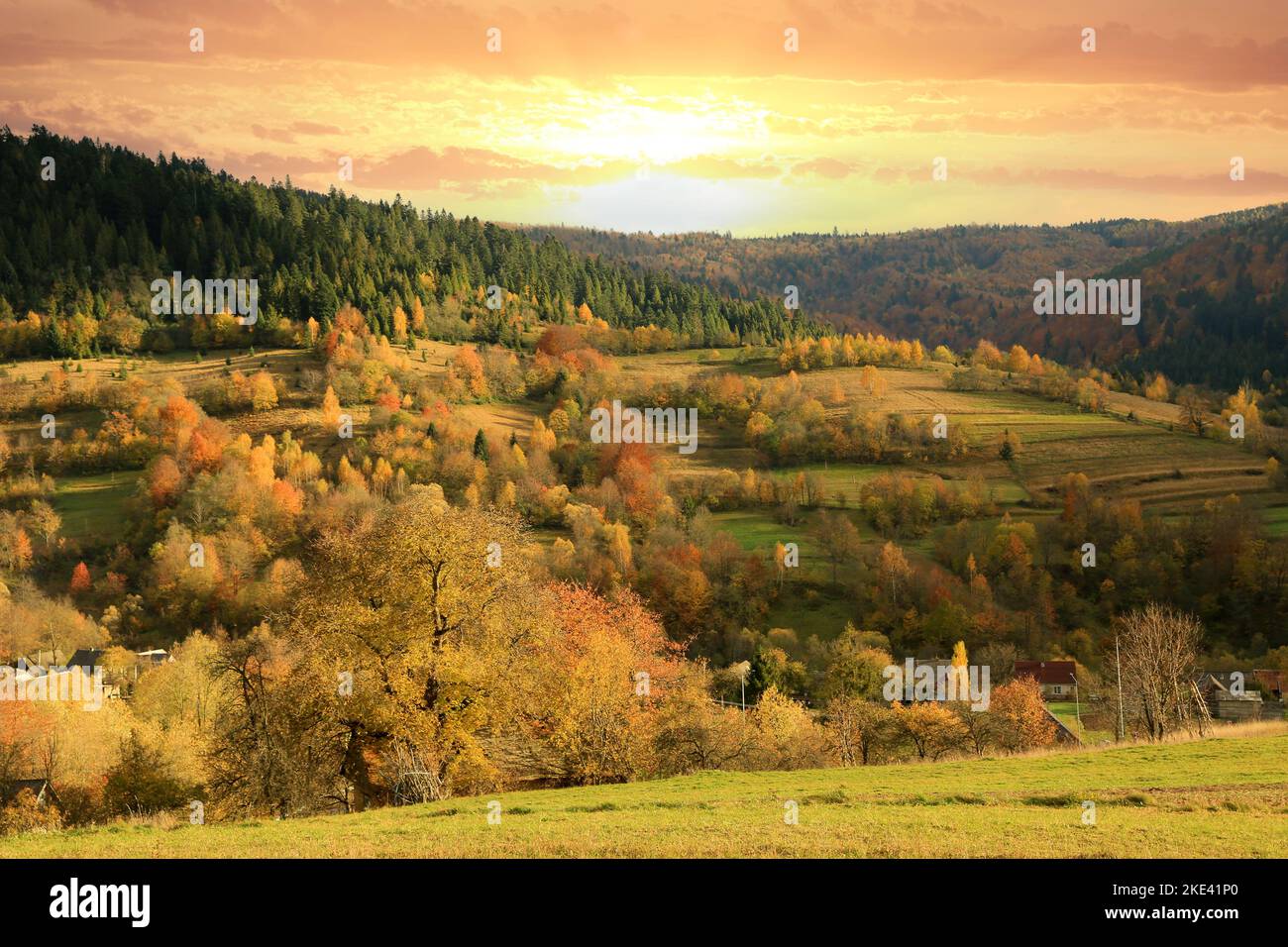 Autumn landscape with sunset over mountain meadows in Carpathians Stock ...