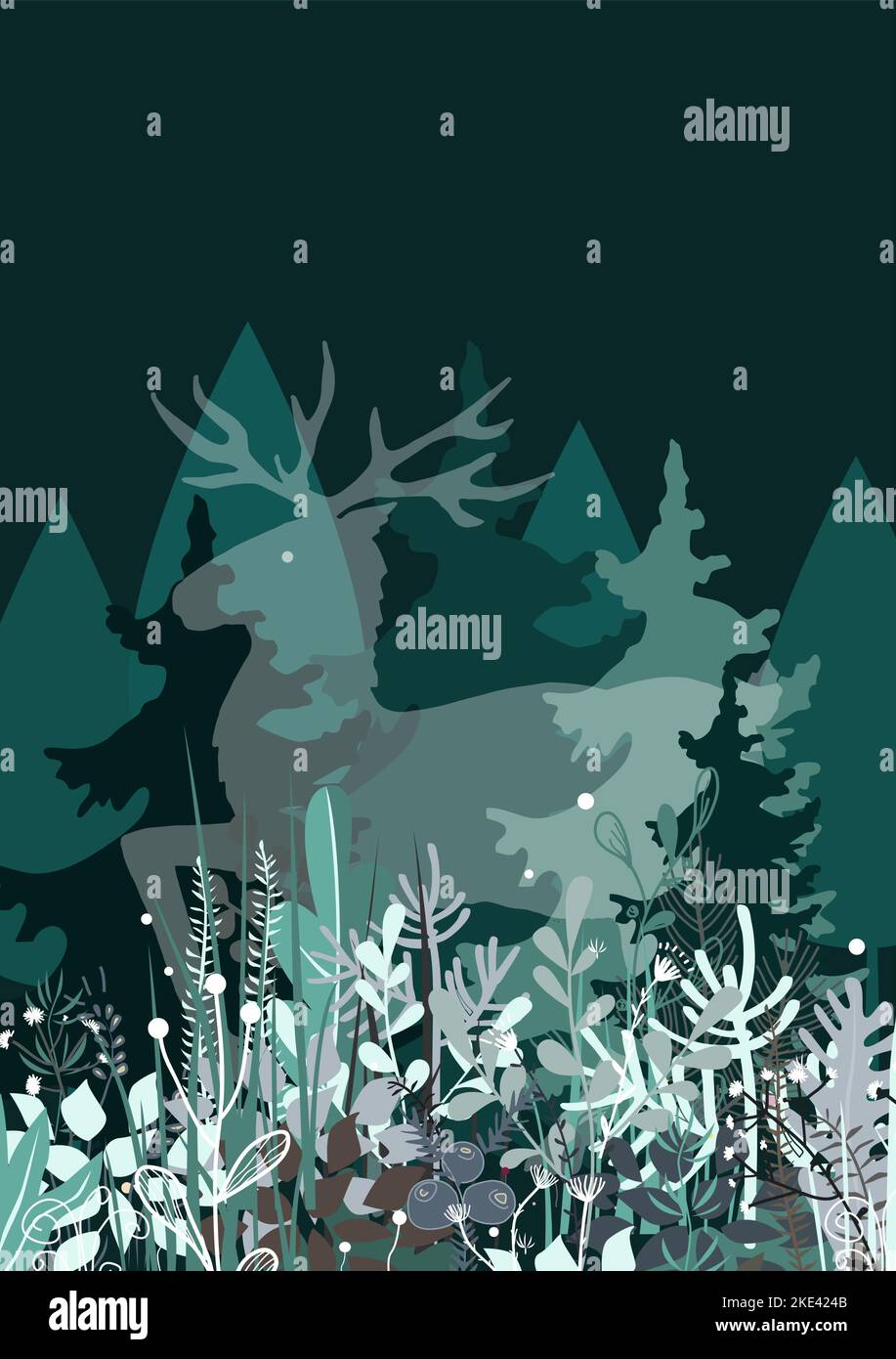Foggy forest with silhouette of deer spirit. Pine and spruce trees ...