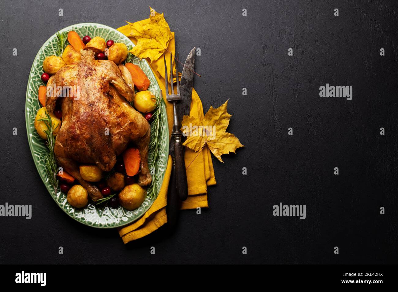 Thanksgiving turkey on rustic table with copy space. Flat lay Stock ...