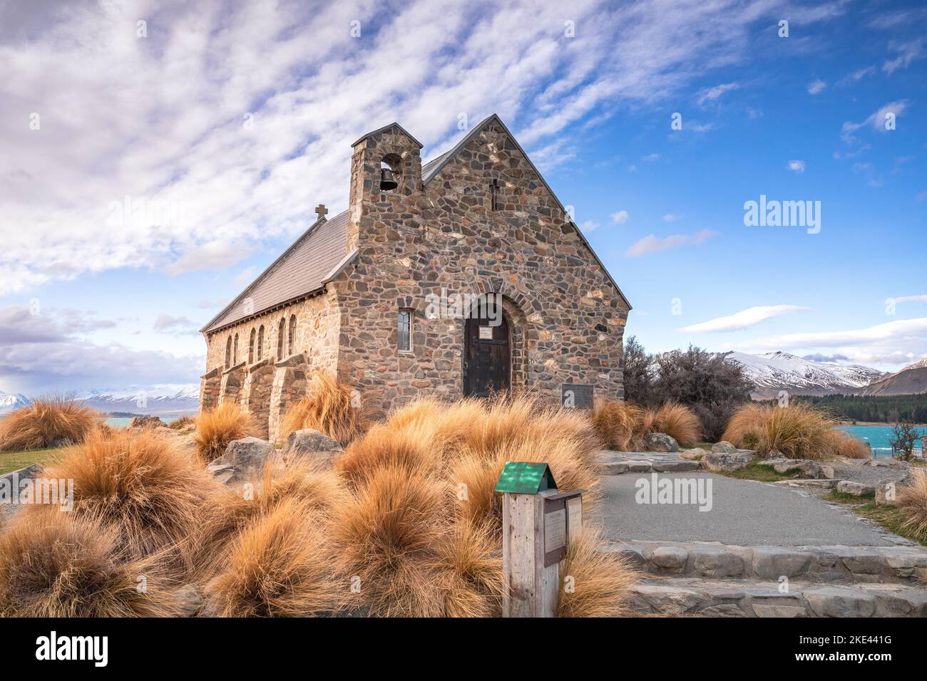 The Church Of Good Shepherd in late winter with beautiful snow capped ...
