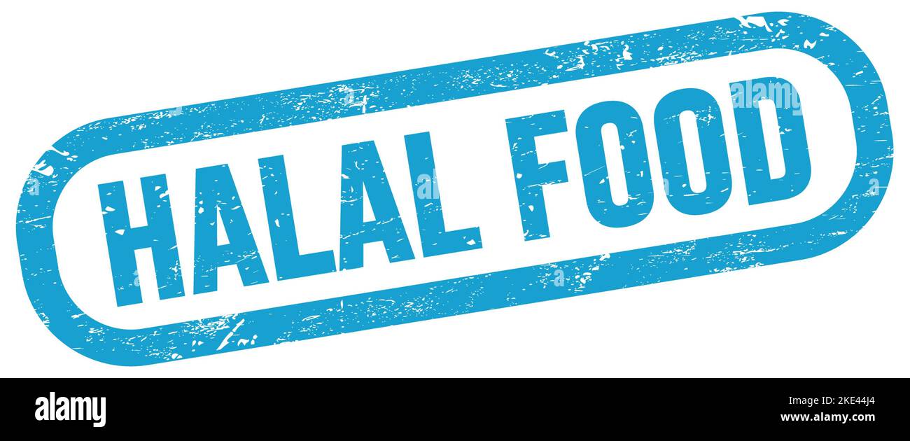 HALAL FOOD, text on blue rectangle stamp sign Stock Photo - Alamy