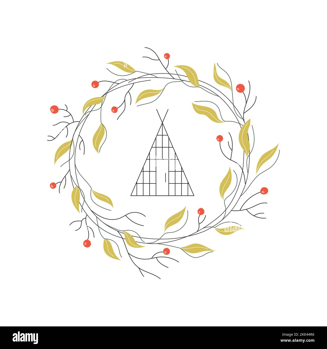 Cute vector line triangle house. Wreath frame with berries. Cute vector ...