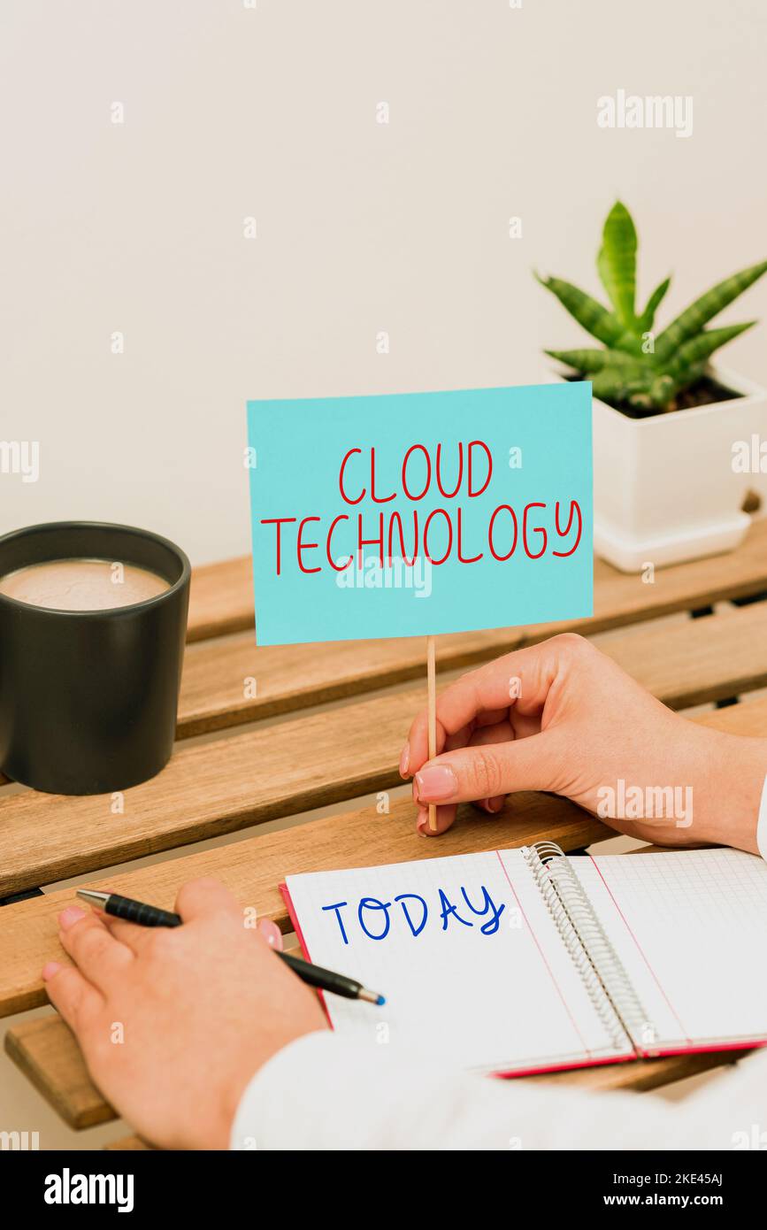 Hand writing sign Cloud Technology. Business approach on demand availability of computer system ...
