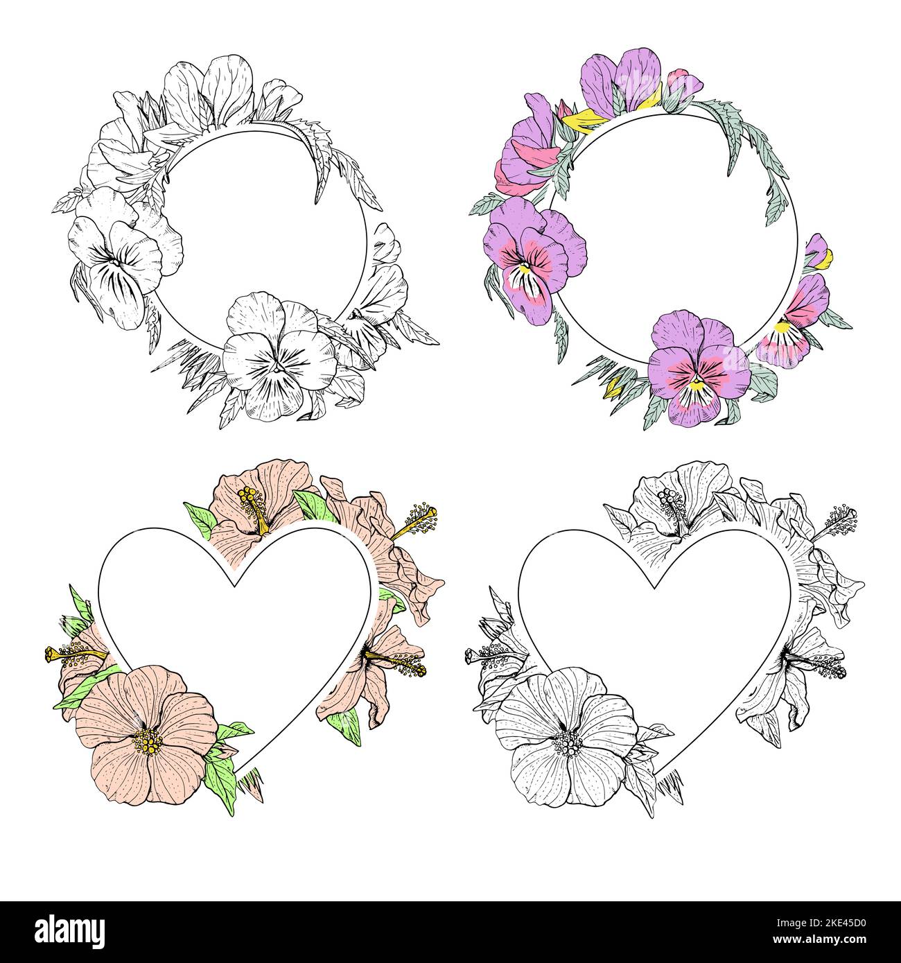 Elegant hand drawn round floral frames set. Doodle pansy and hibiscus ...