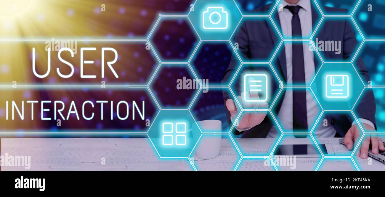 Conceptual display User Interaction. Business concept how the customer acts on the system and ...