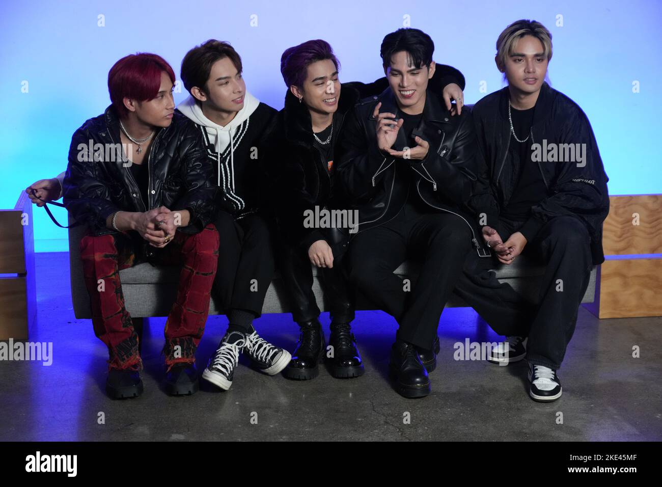 (L-R) P-Pop group SB19 - Ken, Justin, Josh, Stell and Pablo visits the Kumu Studios in Los ...