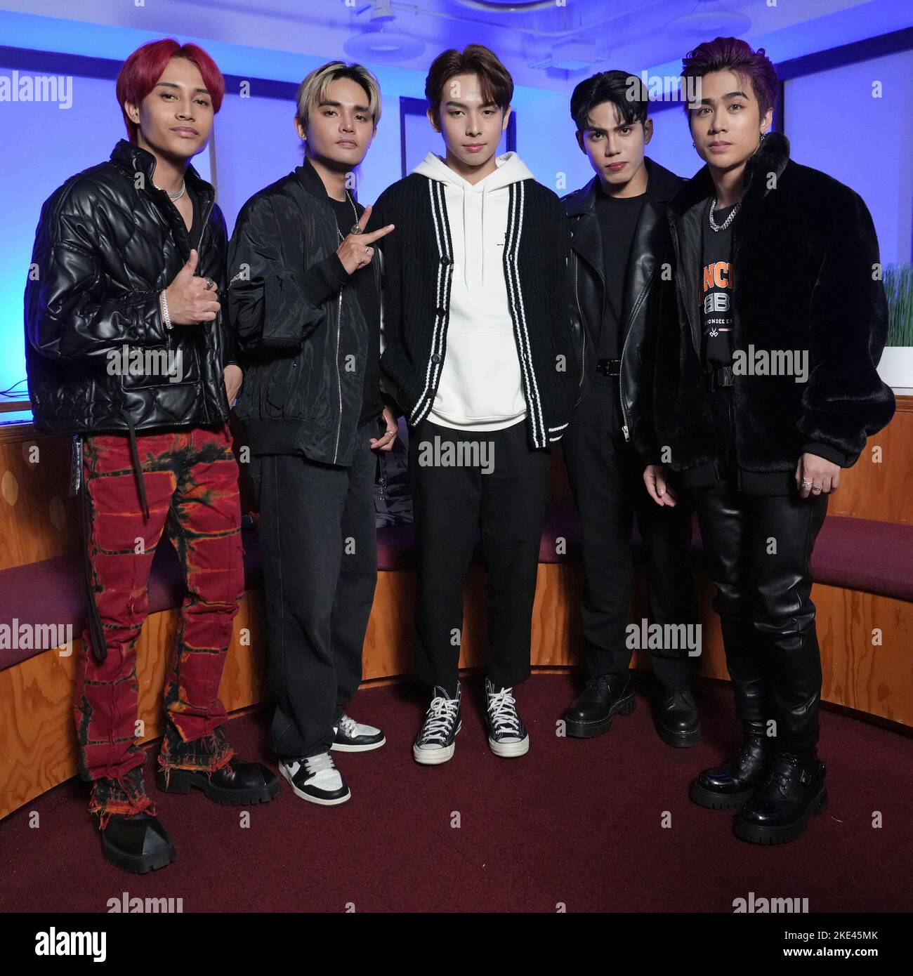 (L-R) P-Pop group SB19 - Ken, Pablo, Justin, Stell and Josh visits the Kumu Studios in Los ...