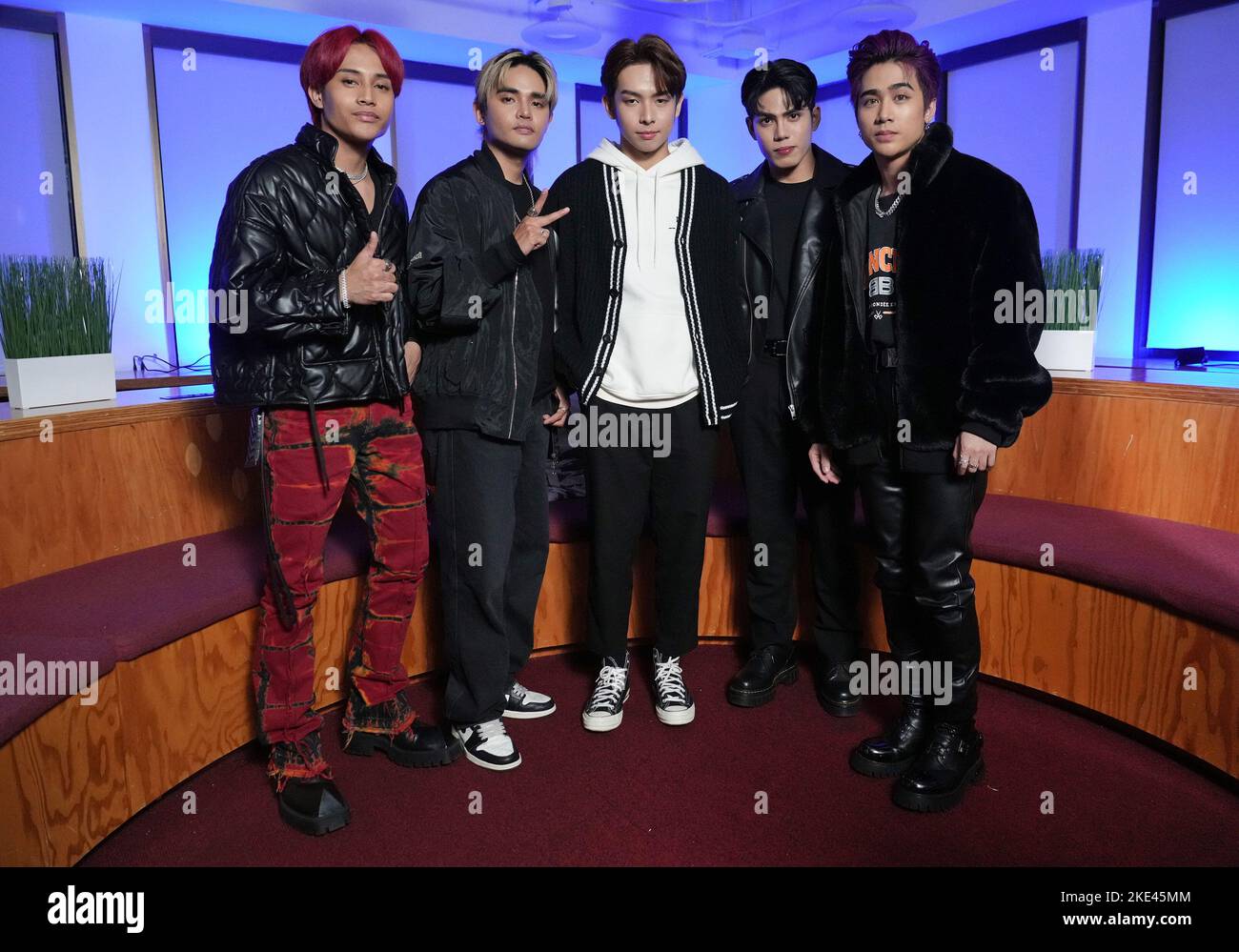 (L-R) P-Pop group SB19 - Ken, Pablo, Justin, Stell and Josh visits the ...