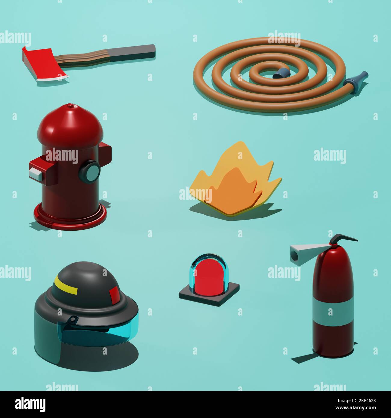 A 3D rendering of a firefighter set including an axe, hydrant, helmet ...