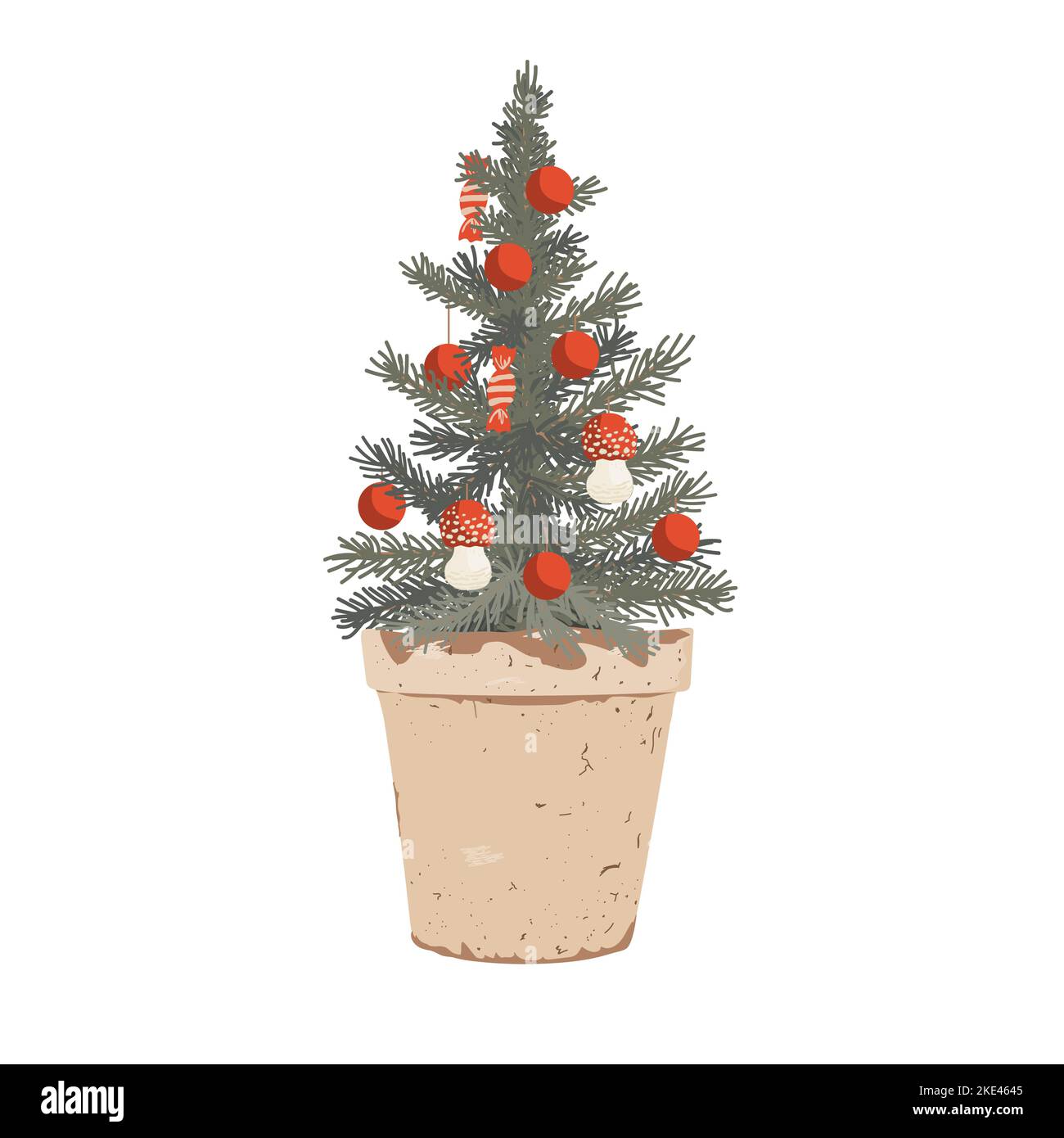 Small potted Christmas tree decorated with small fly agaric mushrooms ...