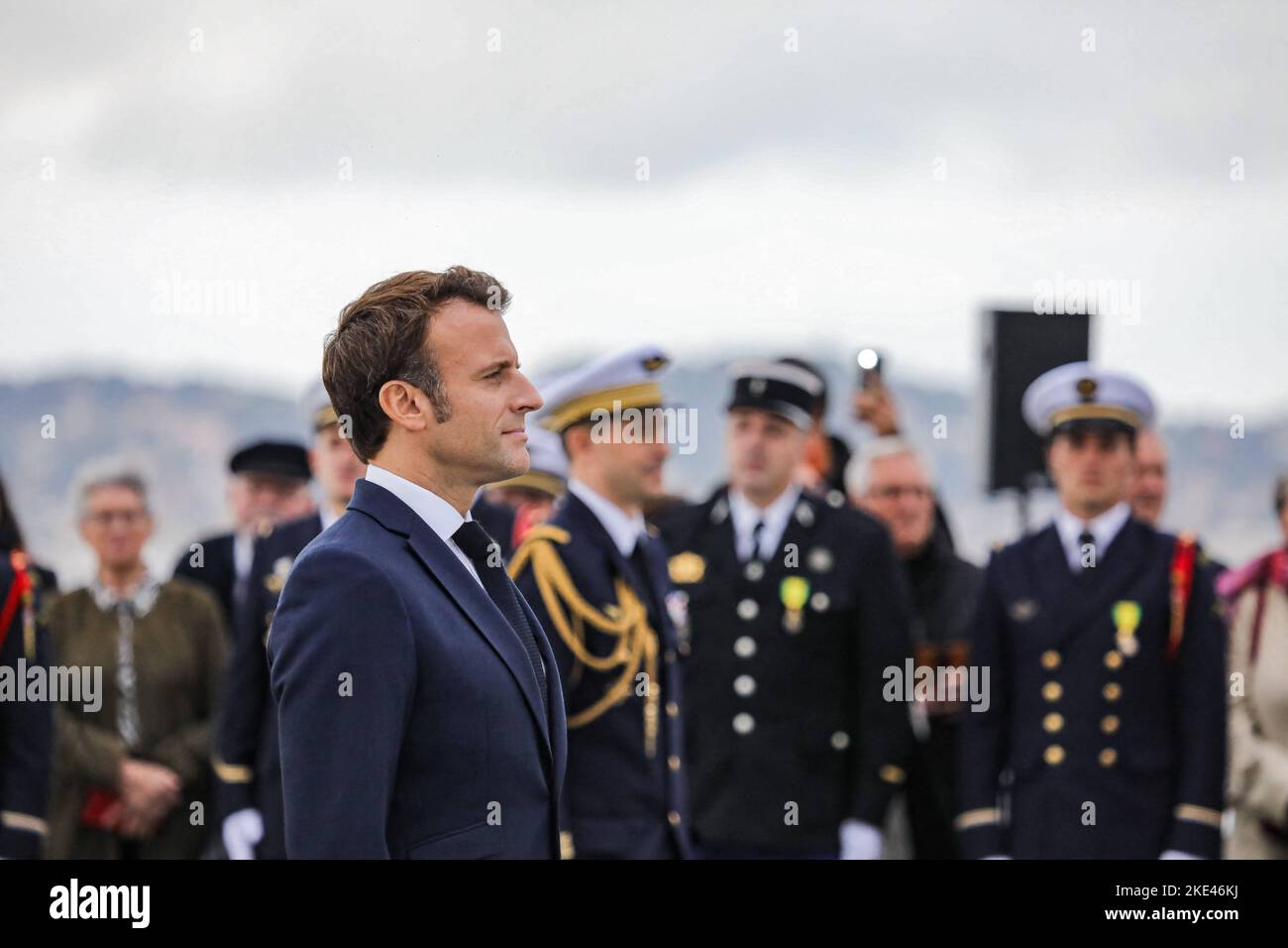 French President Emmanuel Macron on the deck of the amphibious ...