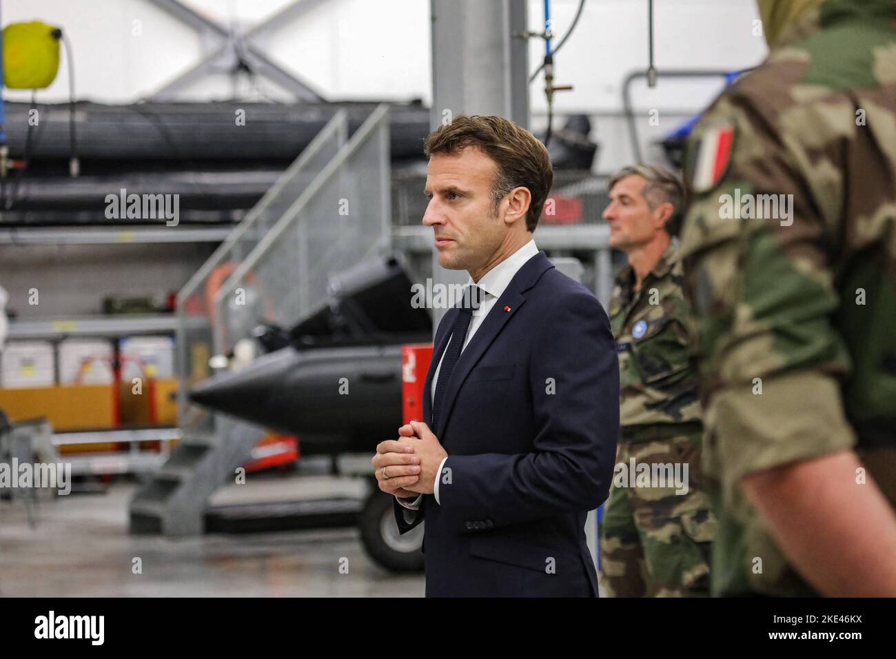 French President Emmanuel Macron (2L) meets with soldiers of the French ...