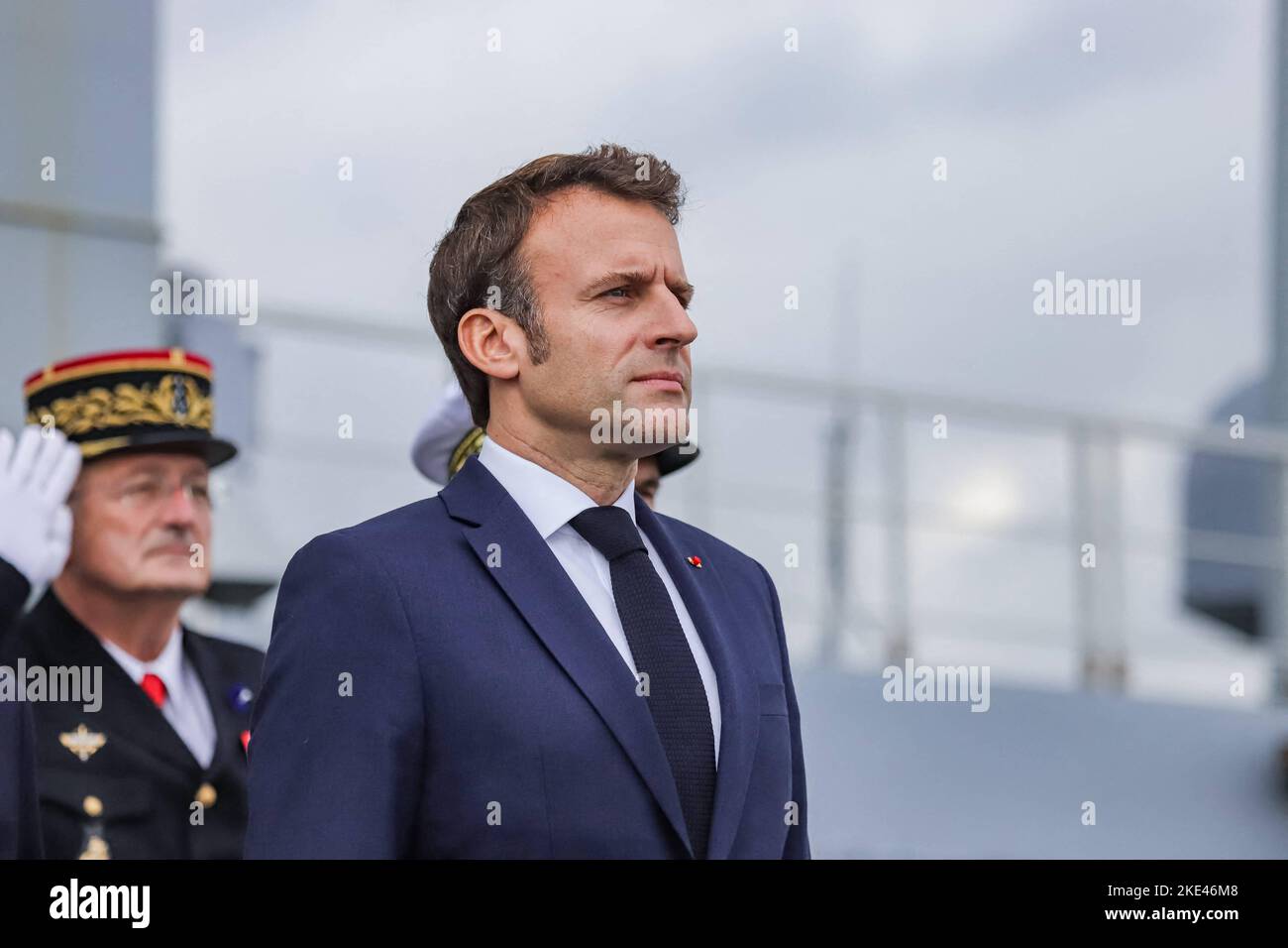 French President Emmanuel Macron on the deck of the amphibious ...