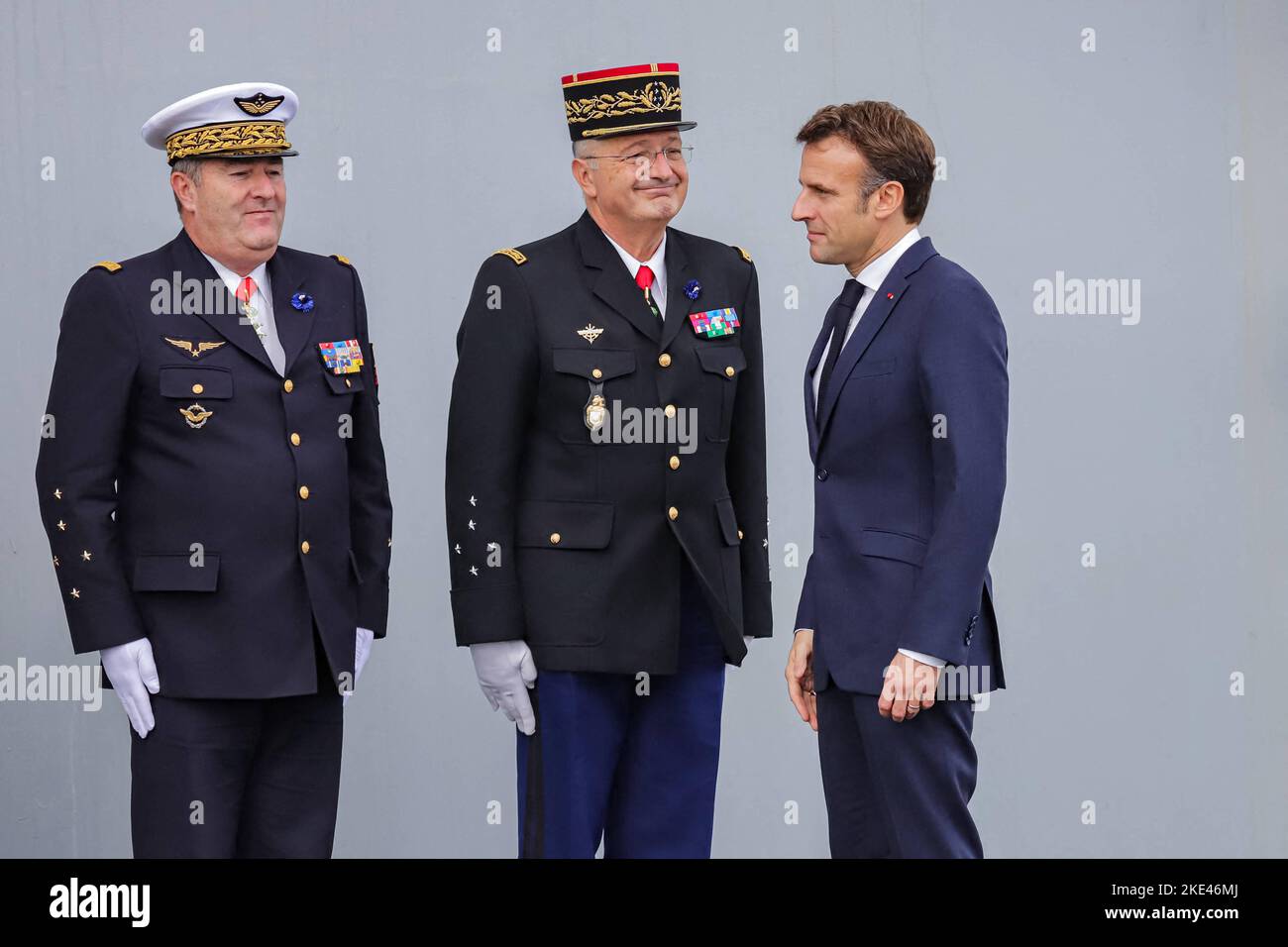 French President Emmanuel Macron on the deck of the amphibious ...