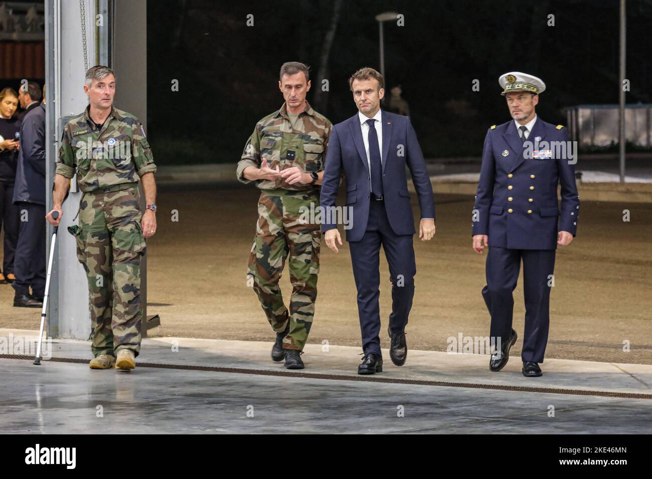 French President Emmanuel Macron (2L) meets with soldiers of the French ...